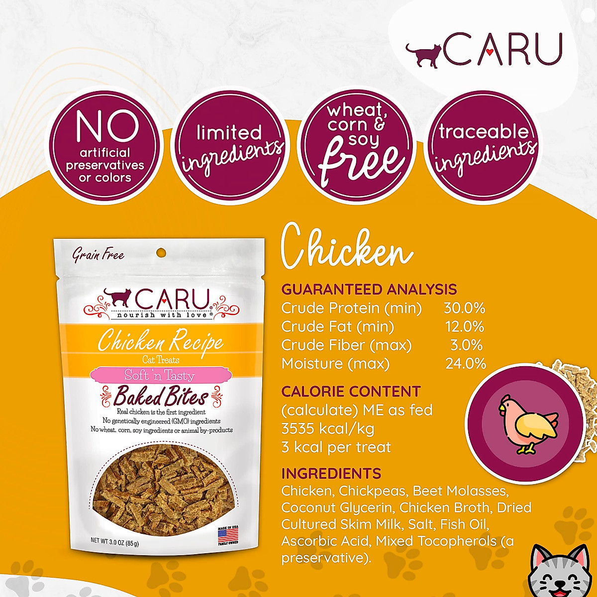 CARU - Soft ‘n Tasty Baked Bites - Chicken Bites Cat Treats - Flavorful All-Natural Treats - 3 oz.
