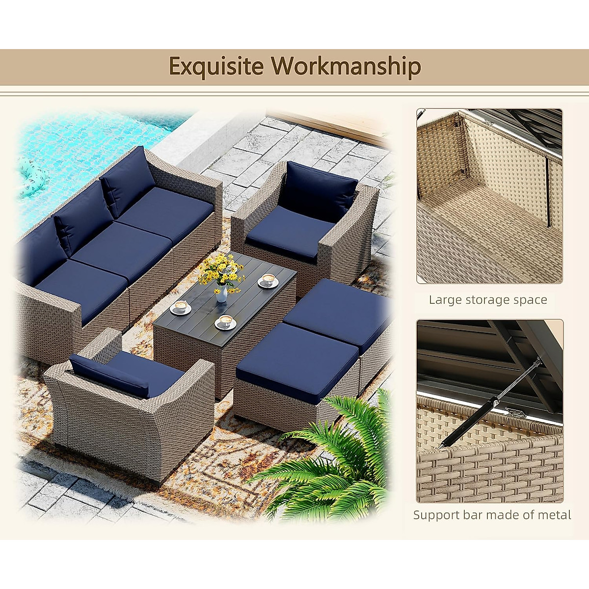 LHBcraft Patio Conversation Set Rattan Outdoor 8 Piece Sectional Furniture Sofa Set Wicker Couch with Coffee Table and Cushions for Poolside, Backyard