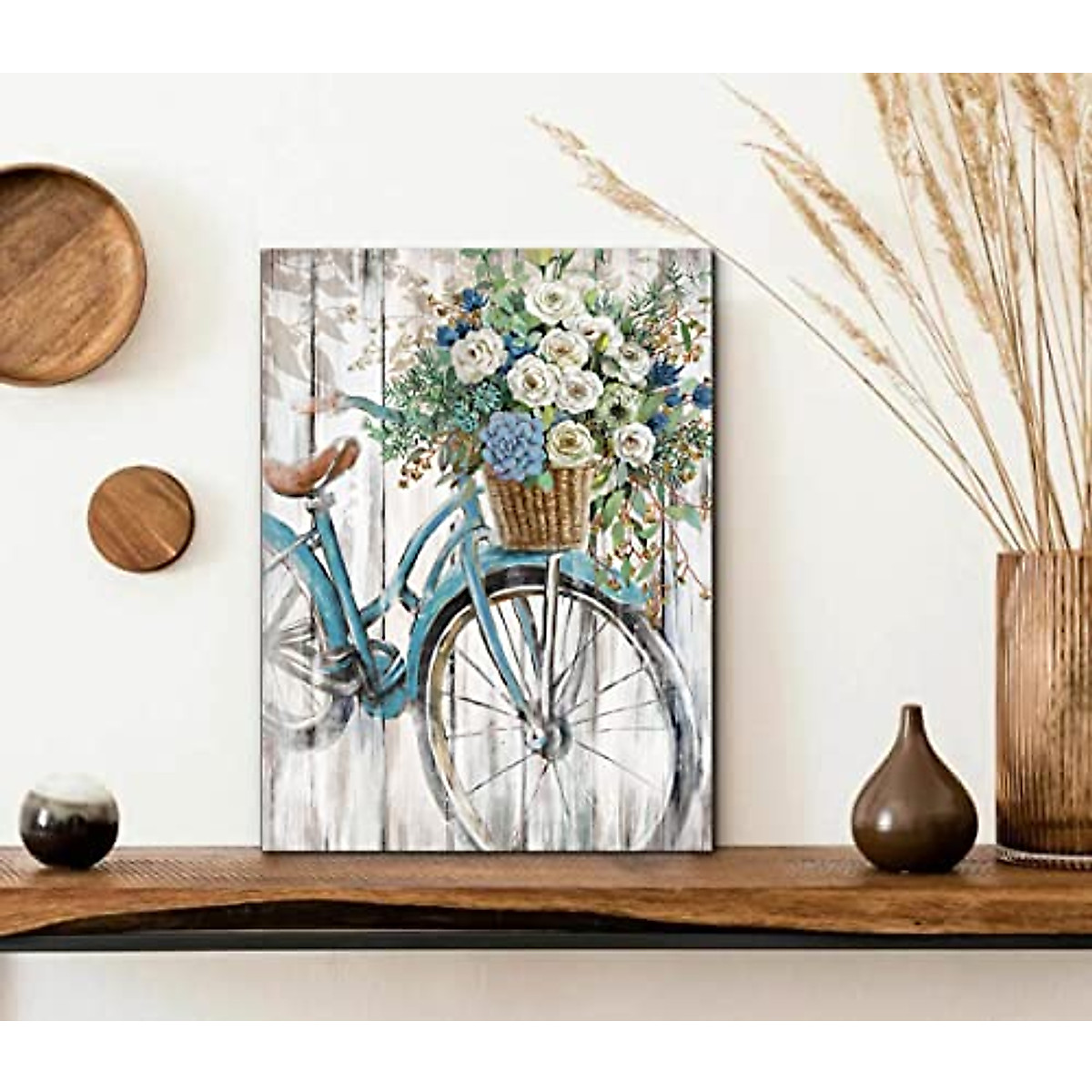 LAIART Farmhouse bathroom wall decor canvas art blue Retro bike picture print flower artwork for bedroom dining living room(11''x15)