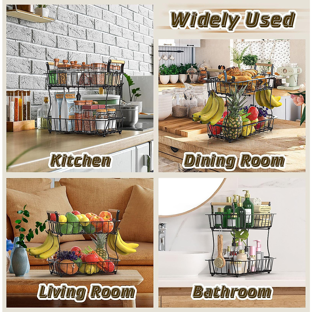 Crixny 2 Tier Fruit Basket for Kitchen Counter with 2 Banana Hangers, Fruit Bowl for Kitchen Counter, Large Fruit Basket Stand, Fruit and Vegetable Storage Fruit Holder for Produce Snack Onion Bread