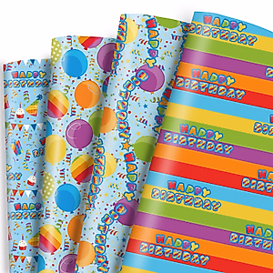 Dtiafu Birthday Wrapping Paper for Boys Girls Kids - Blue Glitter Gift Wrap with Happy Birthday Rainbow Balloons Hats - 20inch x 28inch Per Sheet(8 Sheets Folded Flat)