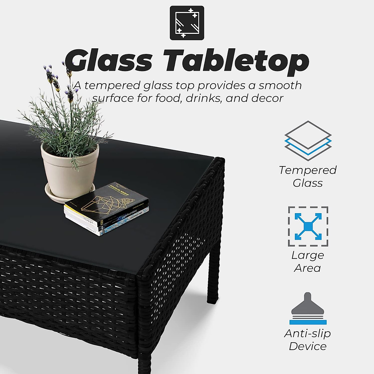 MGHH Patio Furniture Set 4 Pieces Outdoor Furniture Wicker Patio Conversation Sets Rattan Chairs with Soft Cushion and Glass Table for Pool Backyard Garden Balcony Porch Small Space,Black and Khaki