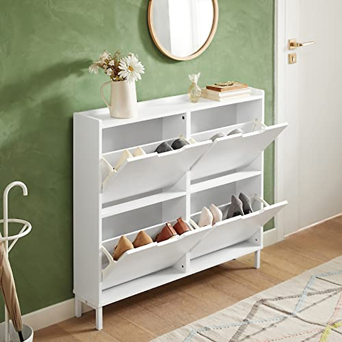 Haotian FSR100-W, White Shoe Cabinet with 4 Flip-Drawers, Freestanding Shoe Rack, Slim Shoe Organiazer