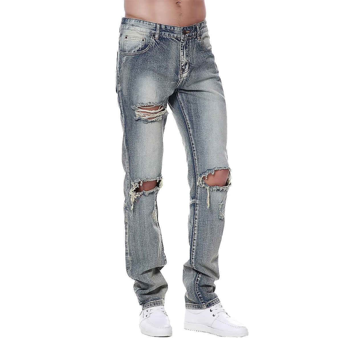 Previn Men's Ripped Denim Jeans Distressed Slim Trousers Destroy Holes Stretch Biker Pants Style1 40W x 32L