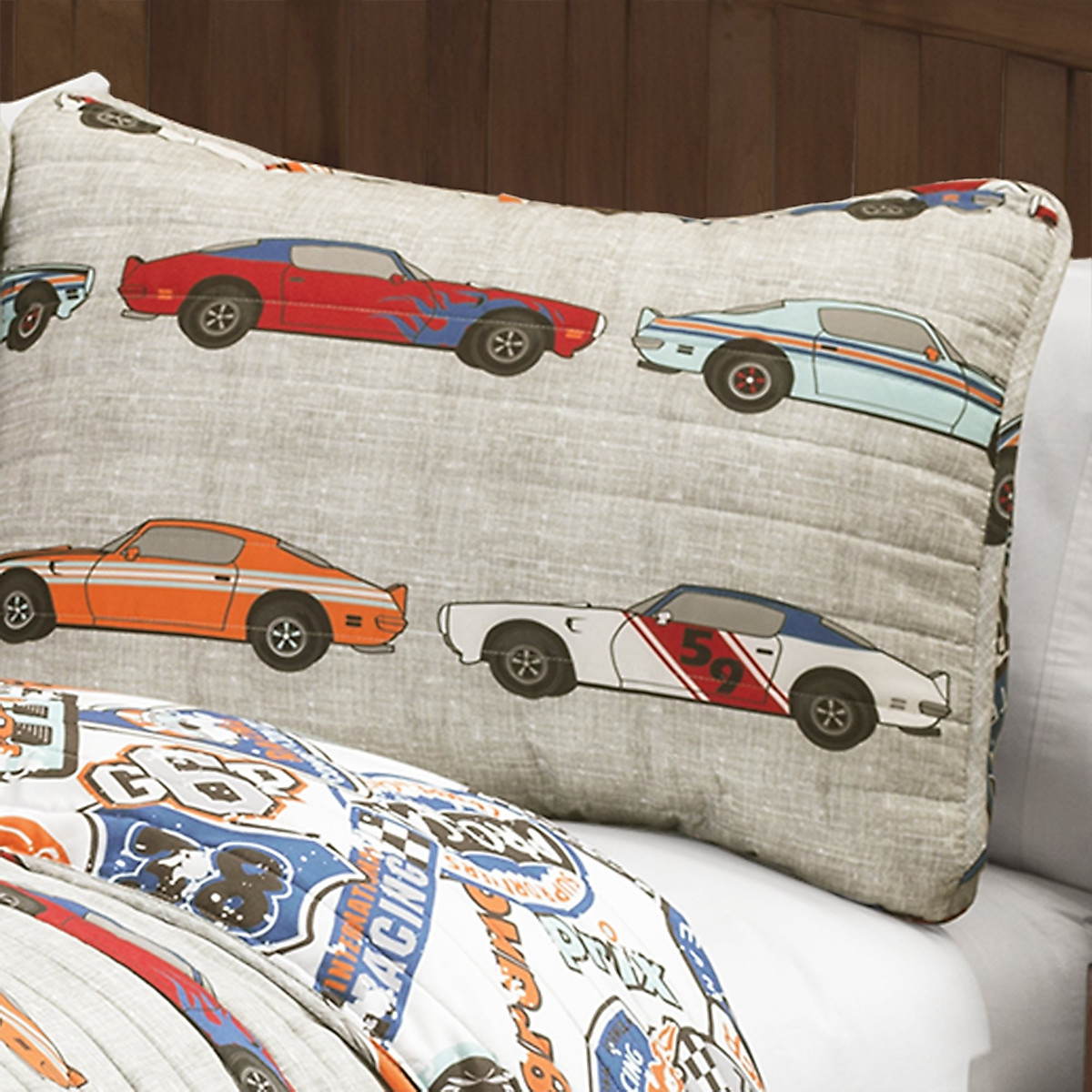 Lush Décor Lush Decor Beige Race Car Kids' 2-Piece Quilt, Reversible Bedding Set for Boys (Twin), Blue/Orange