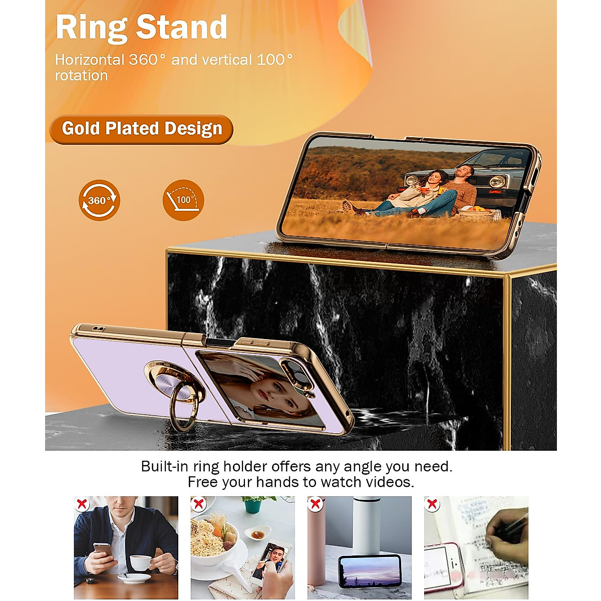 Jasmeas for Galaxy Z Flip 5 Case for Women Girl, Luxury Soft Back Cover with Ring Holder Plating Rose Gold Edge 360° Kickstand Slim Flexible Phone Case for Samsung Galaxy Z Flip5 (2023), Purple