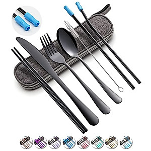 Travel Utensils Set with Case Reusable Portable Cutlery Set Stainless Steel 8pcs Including Dinner Knife Fork Spoon Chopsticks straws(Black)