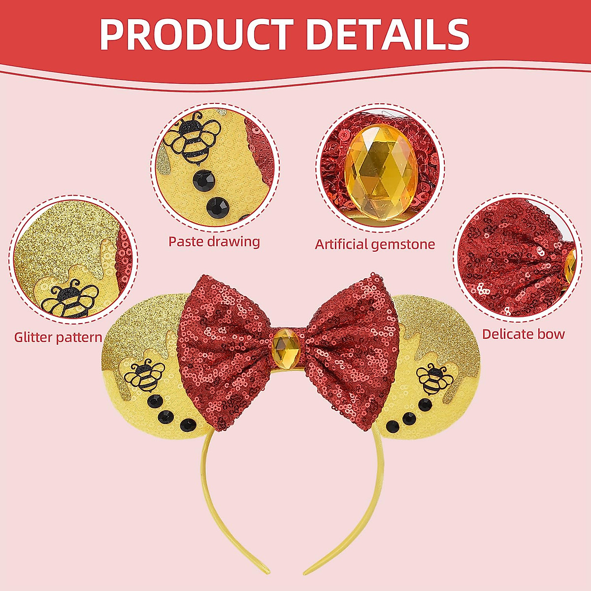 Eisyaa Yellow Winnie Minnie Ears Red Bow Headband, Sparkle Mouse Ears Headbands, Sequin Mice Ears Headband Princess Decoration Cosplay Costume (Winnie/Yellow)