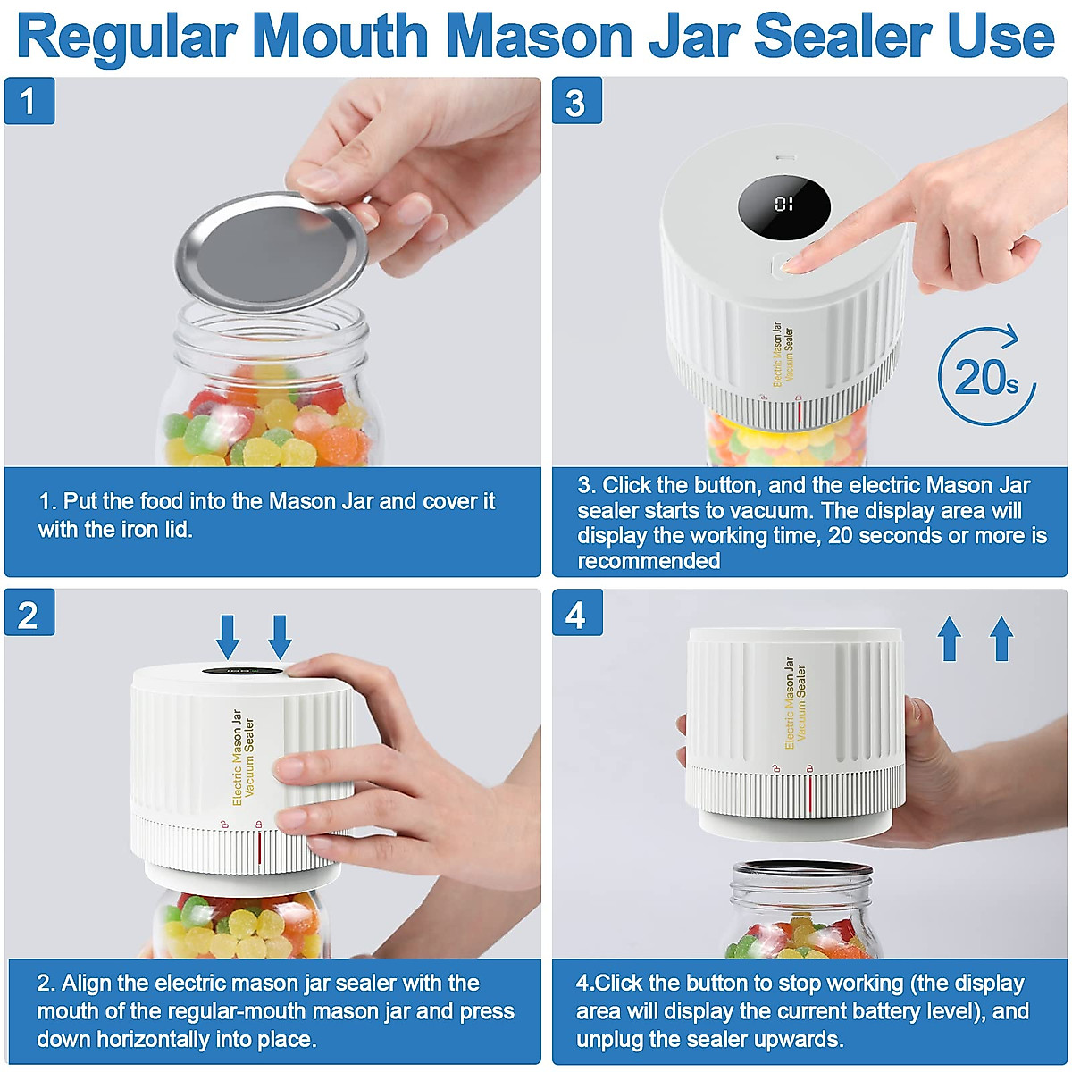 LOVE MOMENT Electric Mason Jar Vacuum Sealer Kit for Wide Mouth and Regular Mouth Mason Jar - White