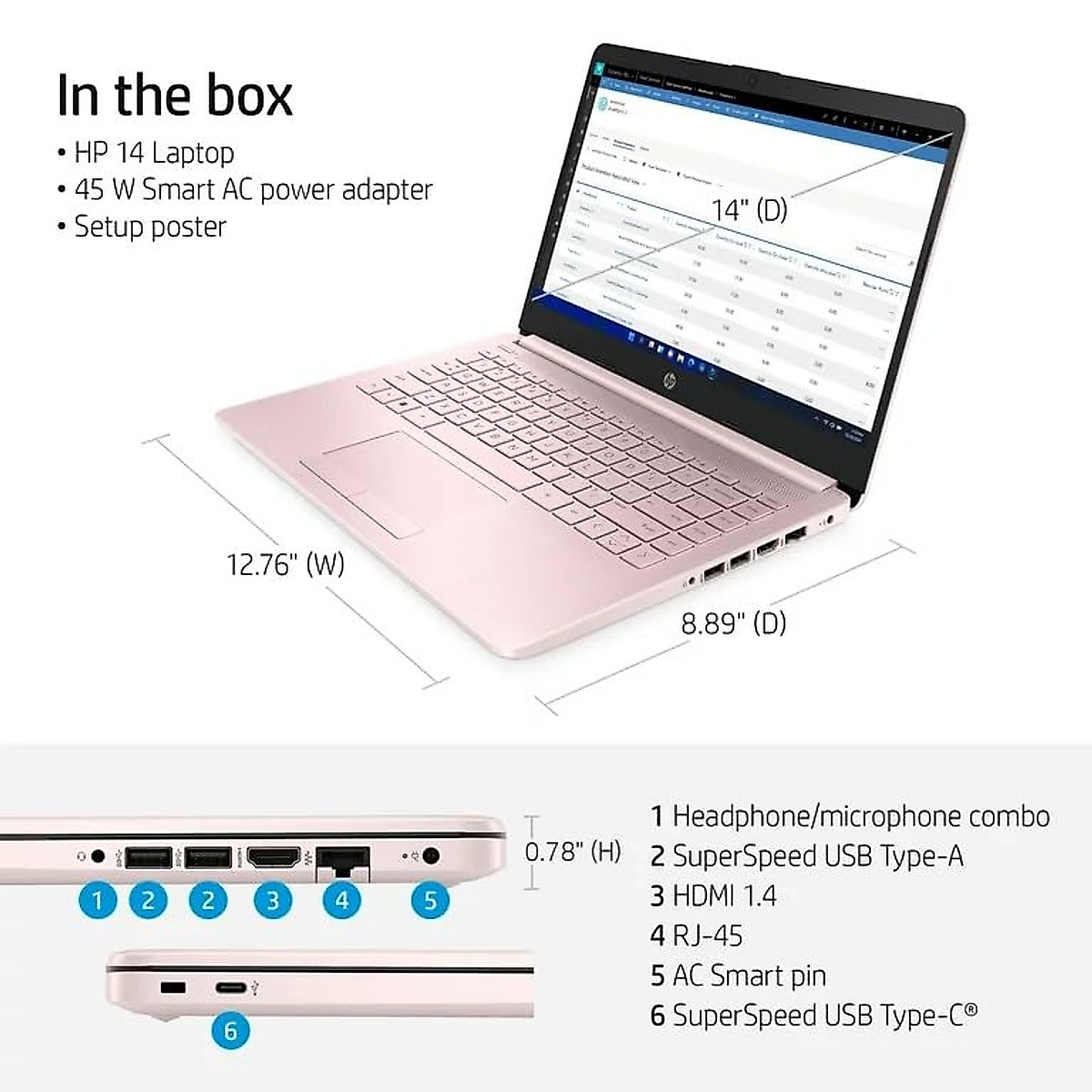 HP 2023 14-inch HD Laptop, Intel Celeron N4120, 16GB RAM, 64GB Storage, Win 11 H in S Mode, One Year of Microsoft 365, Pink