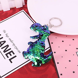 QTKJ Cute Reversible Mermaid Glitter Pompom Sequins Dinosaur Pendant Keychain Key Chain for Women Car Bag Accessories Key Ring (Green)