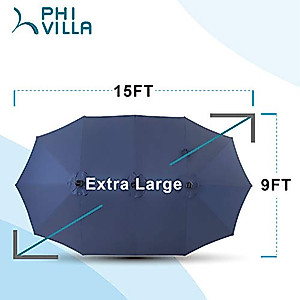 PHI VILLA 15ft Large Patio Umbrella with Solar Lights, Double-Sided Outdoor Market Rectangle Umbrellas with 36 LED Lights, Umbrella Base (Stand) Included, Navy Blue