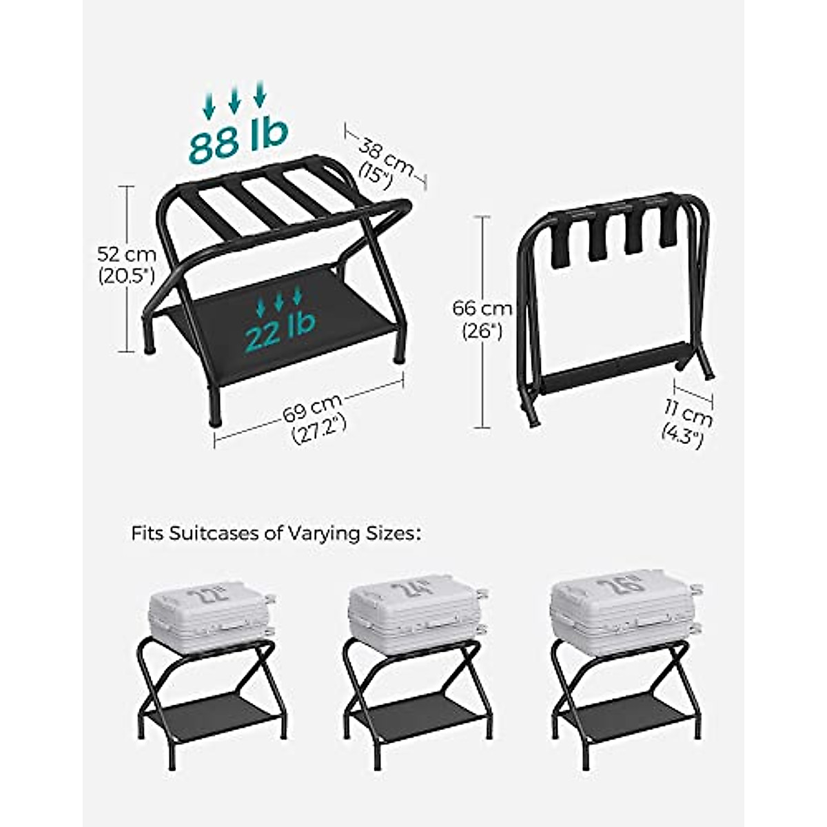 SONGMICS Luggage Racks, Set of 2, Suitcase Stand with Fabric Storage Shelf, for Guest Room, Bedroom, Hotel, Foldable Steel Frame, Holds up to 110 lb, 27.2 x 15 x 20.5 Inches, Black URLR002B02