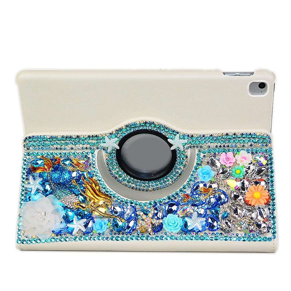 STENES Bling Case Compatible with Samsung Galaxy Tab S7 FE 12.4-inch 2021 - Stylish - 3D Handmade Mermaid Flowers Floral 360 Degree Rotating Stand Case with Smart Cover Auto Sleep/Wake - Navy Blue