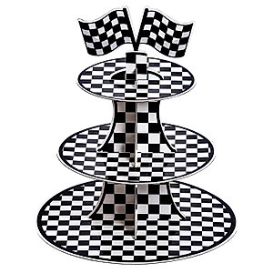 3-Tier Round Cardboard Cupcake Stand, Racing Car Theme Cardboard Cupcake Holder, Car Theme Dessert Display Stand Tower, Black and White Checkered Car Party Decorations Supplies