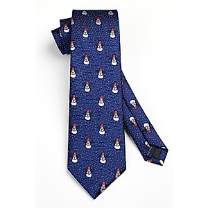 HISDERN Men's Christmas Ties Navy Blue Snowman Funny Necktie and Pocket Square Festival Holiday Xmas Tie for Vacation Party with Gift Box