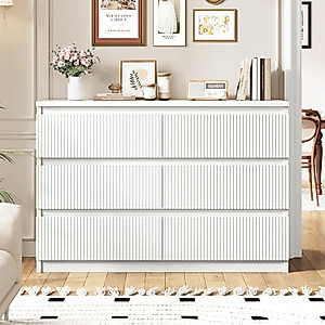 Jocoevol White Dresser 6 Drawer Dresser for Bedroom, Modern Fluted Dresser with Deep Drawers, Large Double Wooden Dresser Chest of Drawers for Living Room, Hallway, Entryway (White)