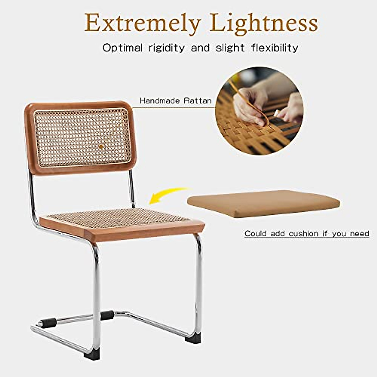 Alunaune Mid Century Modern Dining Chairs Set of 4, Upholstered Natural Rattan Kitchen Chairs Accent Chair, Armless Side Chairs with Metal Chrome Legs for Bedroom Living Room-Rattan Seat