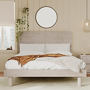 P PURLOVE Platform Bed Full with Headboard, Modern Concise Style Solid Wood Grain Platform Bed Frame with Slats, Wooden Platform for Bedroom, Guest Room (Stone Gray)