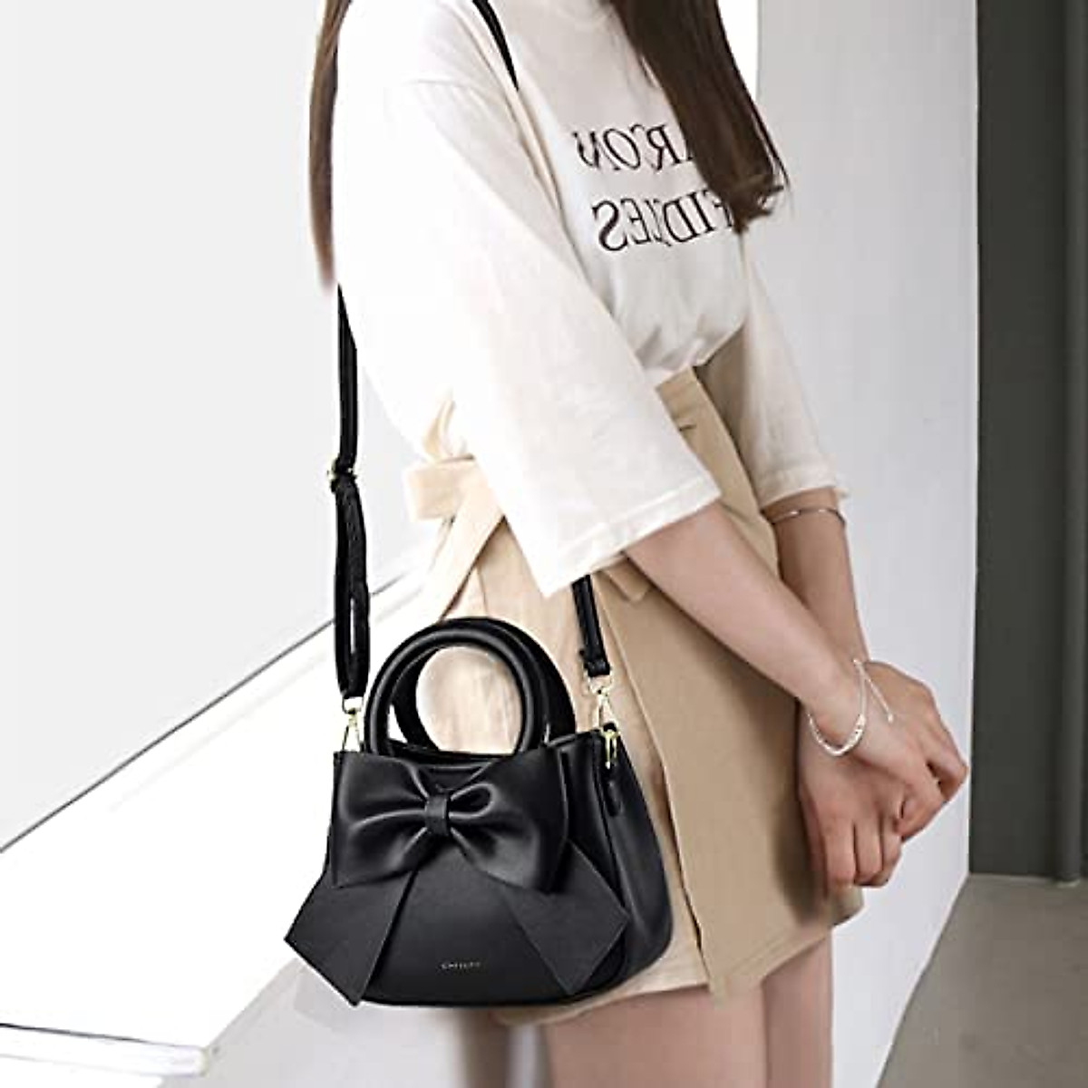 CHERUTY Designer Leather Handbags and Purses for Women with Top Carry Handle and Cute Bow Knot, Small and Elegant Satchel bags and Over-Shoulder Strap(Black)