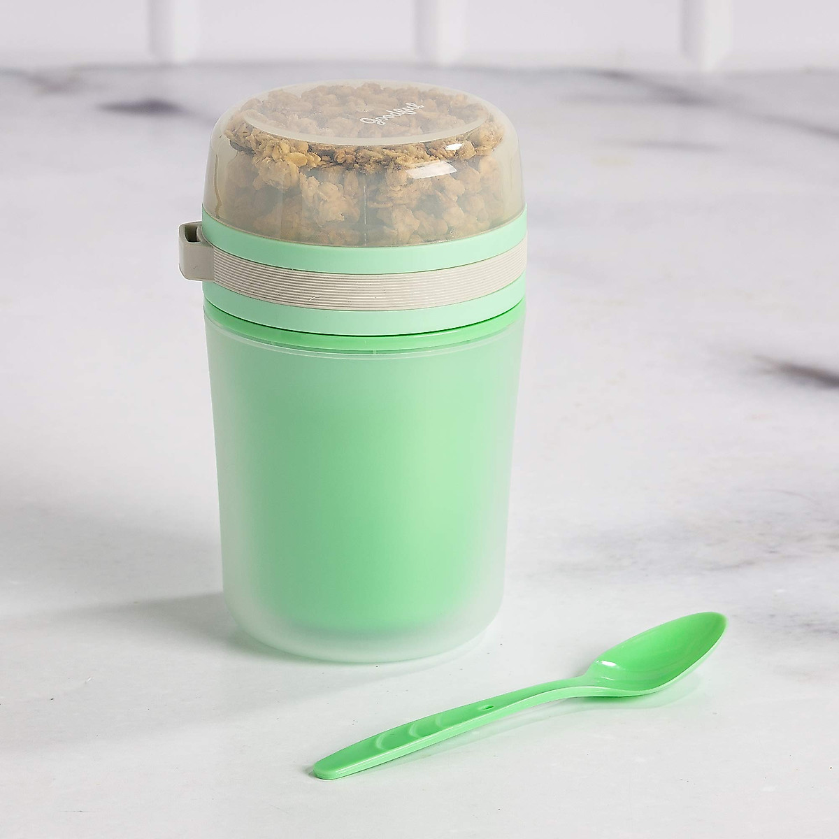 Goodful Double Wall Insulated Yogurt Container, Leak Proof Food Storage, Snack Container with Reusable Plastic Spoon, Microwave Safe, Dishwasher safe, Freezer Safe, 14-Ounce, Green