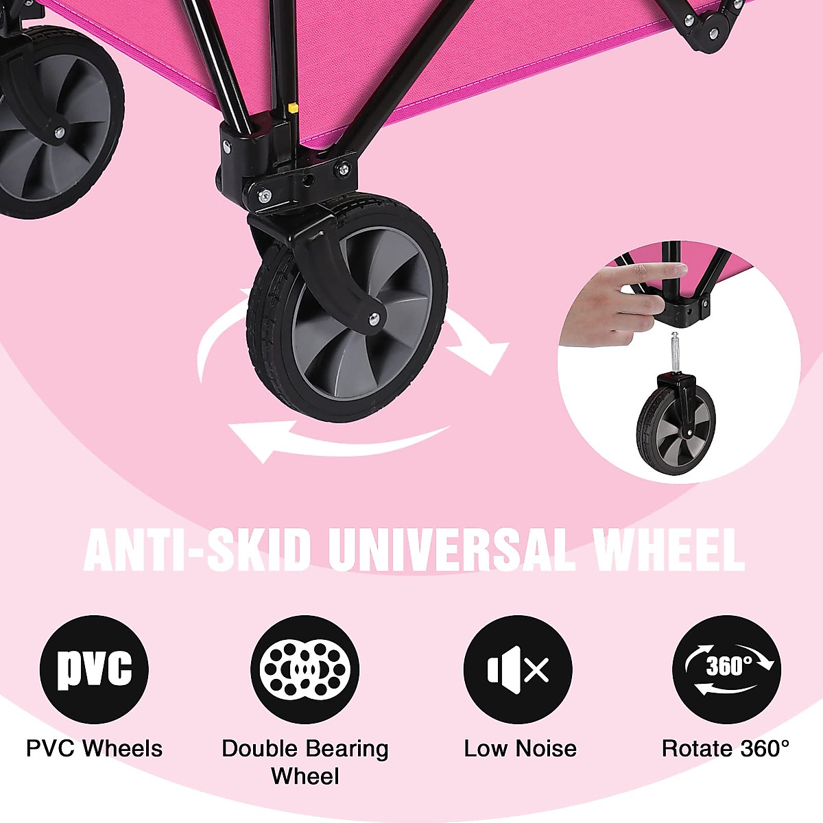 HAUSHOF Heavy Duty Collapsible Wagon, Folding Outdoor Utility Wagon, Camping Garden Beach Cart with Universal Quick Release Wheels, Adjustable Handle, 176 lbs Load Capacity, Pink