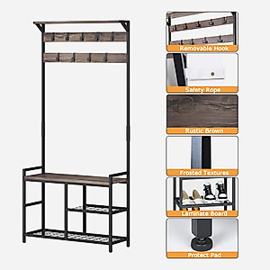 HOMEKOKO Coat Rack Shoe Bench, Hall Tree Entryway Bench with Storage, Wood Look Accent Furniture with Metal Frame, 3-in-1 Design (Dark Brown)