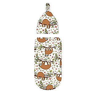 Cute Sloth Newborn Swaddle Blanket and Hat Set Boy Girl, Soft Stretchy Baby Receiving Blanket Sleep Sack for Infants Gift