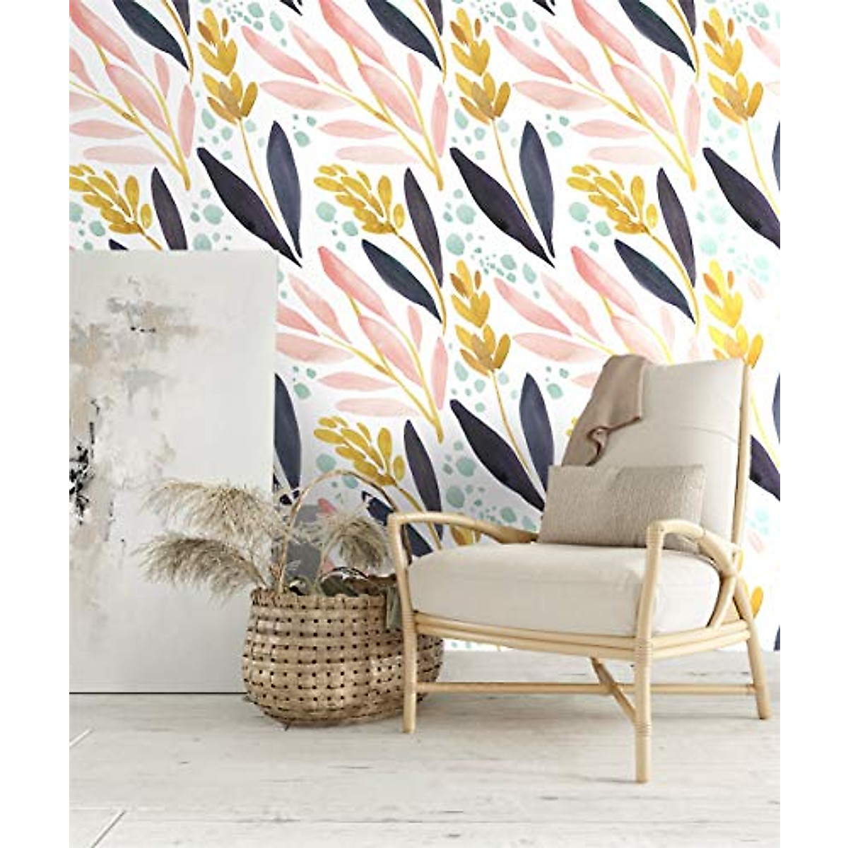 HAOKHOME 93027 Watercolor Forest Peel and Stick Wallpaper Removable White/Pink/Navy/Yellow Floral Vinyl Self Adhesive Shelf Liner 17.7in x 9.8ft