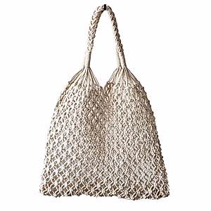 Hixixi Cotton Rope Travel Beach Fishing Net Handbag Shopping Woven Shoulder Bag for Women Girls (White)