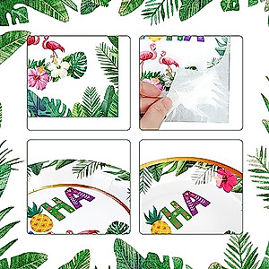 MEZOOM 75pcs ALOHA Tableware Set Tropical Luau Napkin Flamingo Paper Plate(7 & 9 In) Hawaiian Disposable Dinnerware Set with Hibiscus Flower & Palm Leaf for Summer Beach Themed Party Serves 25 Guests