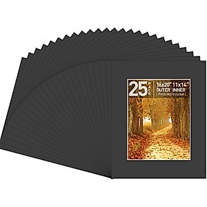 Golden State Art, Pack of 25, Acid-Free Black Pre-Cut 16x20 Picture Mat for 11x14 Photo with White Core Bevel Cut Frame Mattes