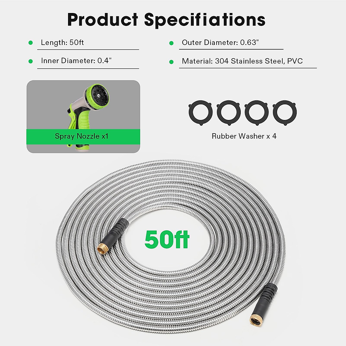 VIVOGROW Metal Garden Hose 50ft, Stainless Steel Water Hose with Brass Fittings & 10-Function Nozzle, Tangle Free & Crush Proof, Flexible Bionic Hose for Garden Watering, Pet Bathing, Car Washing