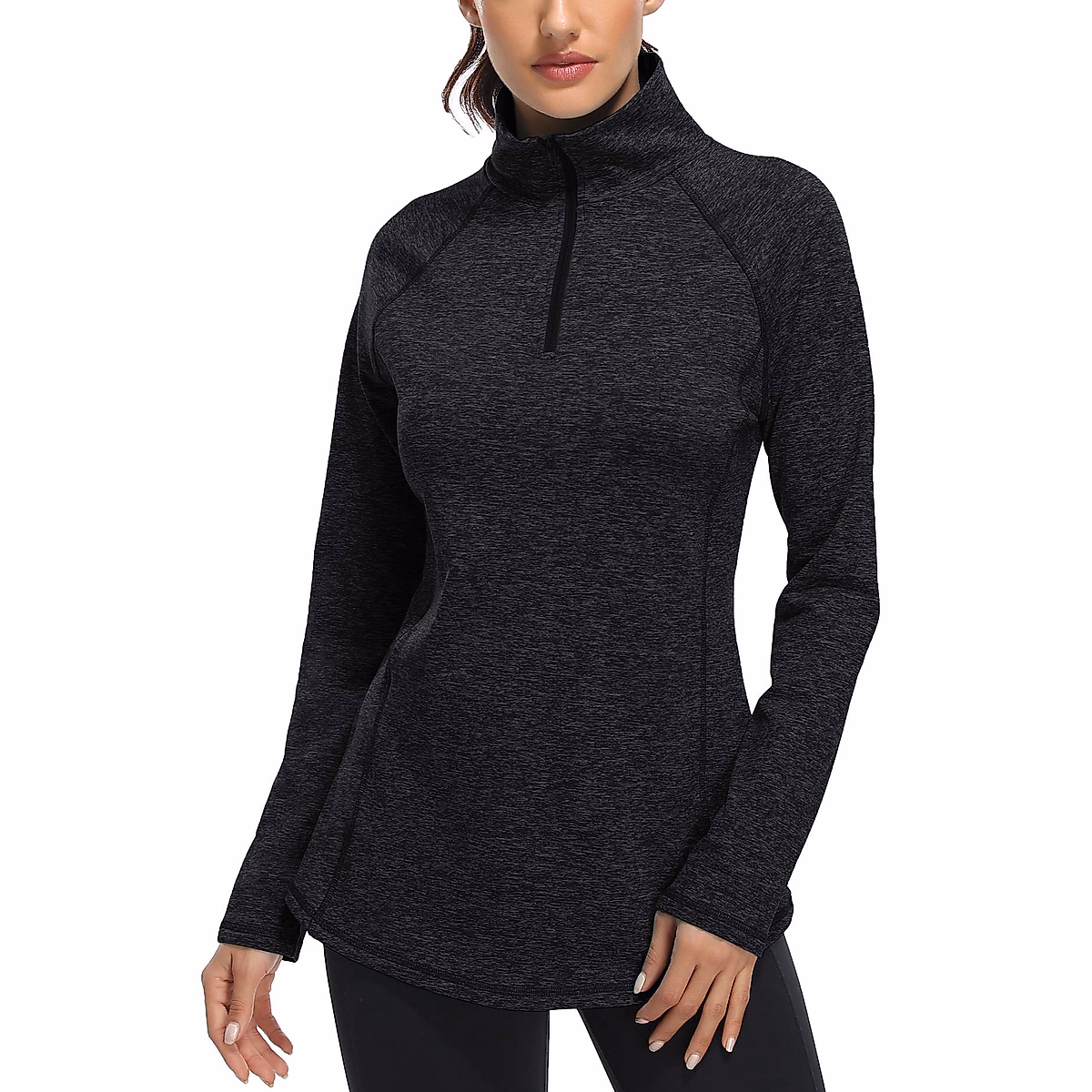 Miusey Long Sleeve Workout Tops for Women to Wear with Leggings,Ladies Hiking T-Shirt with Zipper Classy Plain Quick Drying Polo Pullover Stretch Athletic Pilates Cycling Tee Black2 M