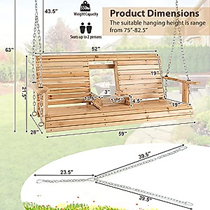 Tangkula 2 Person Hanging Porch Swing, Outdoor Bench Swing with Adjustable Chains, Foldable Cup Holders, High Back, Cozy Armrests, Wooden Hanging Swing Chair for Backyard Deck Garden Natural