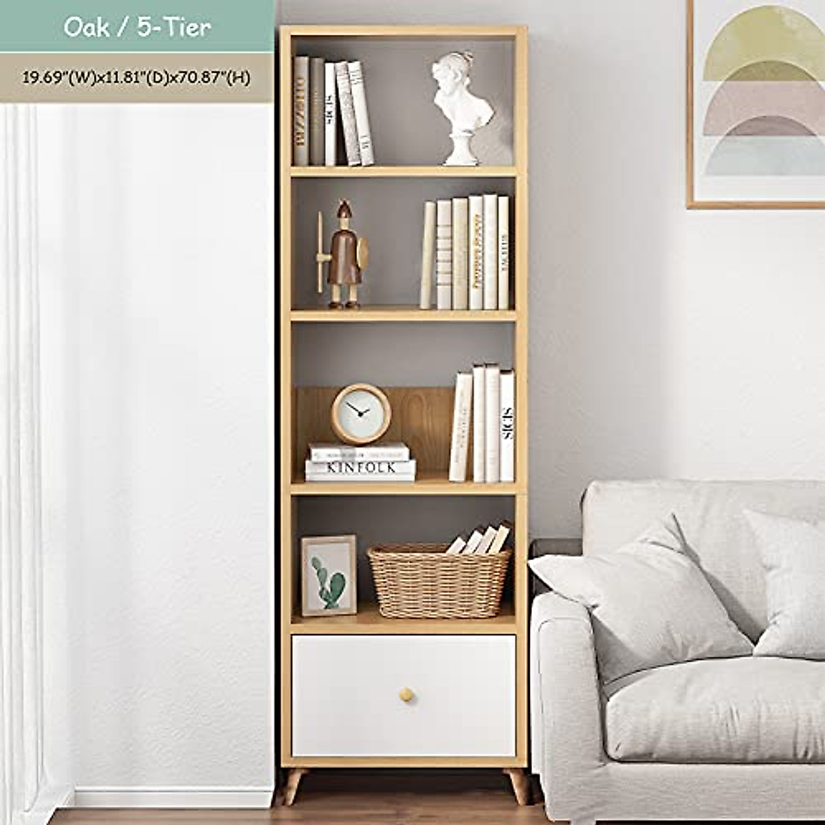 IOTXY 5-Tier Open Shelves Bookcase - 71" Height Modern Free Standing Cubes Wooden Tall Bookshelf with Storage Drawer and Legs, Oak
