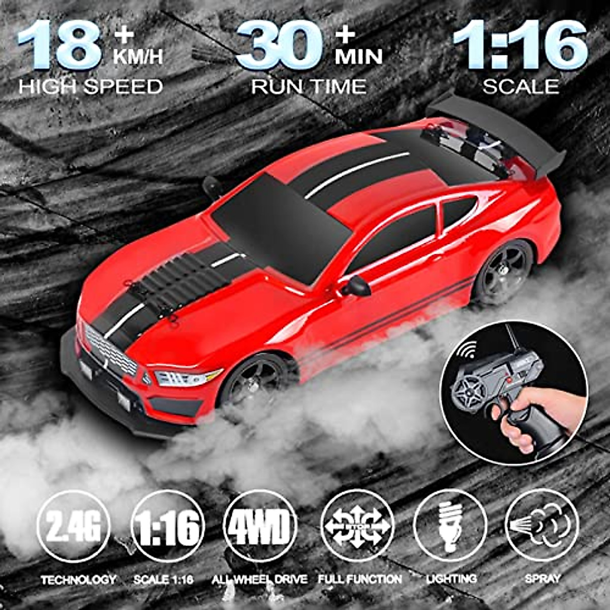 PenRux RC Car, Cool Appearance Long Control Distance High Speed Drifting RC Car Toy with LED Lights for Home (Dual Batteries (Included))