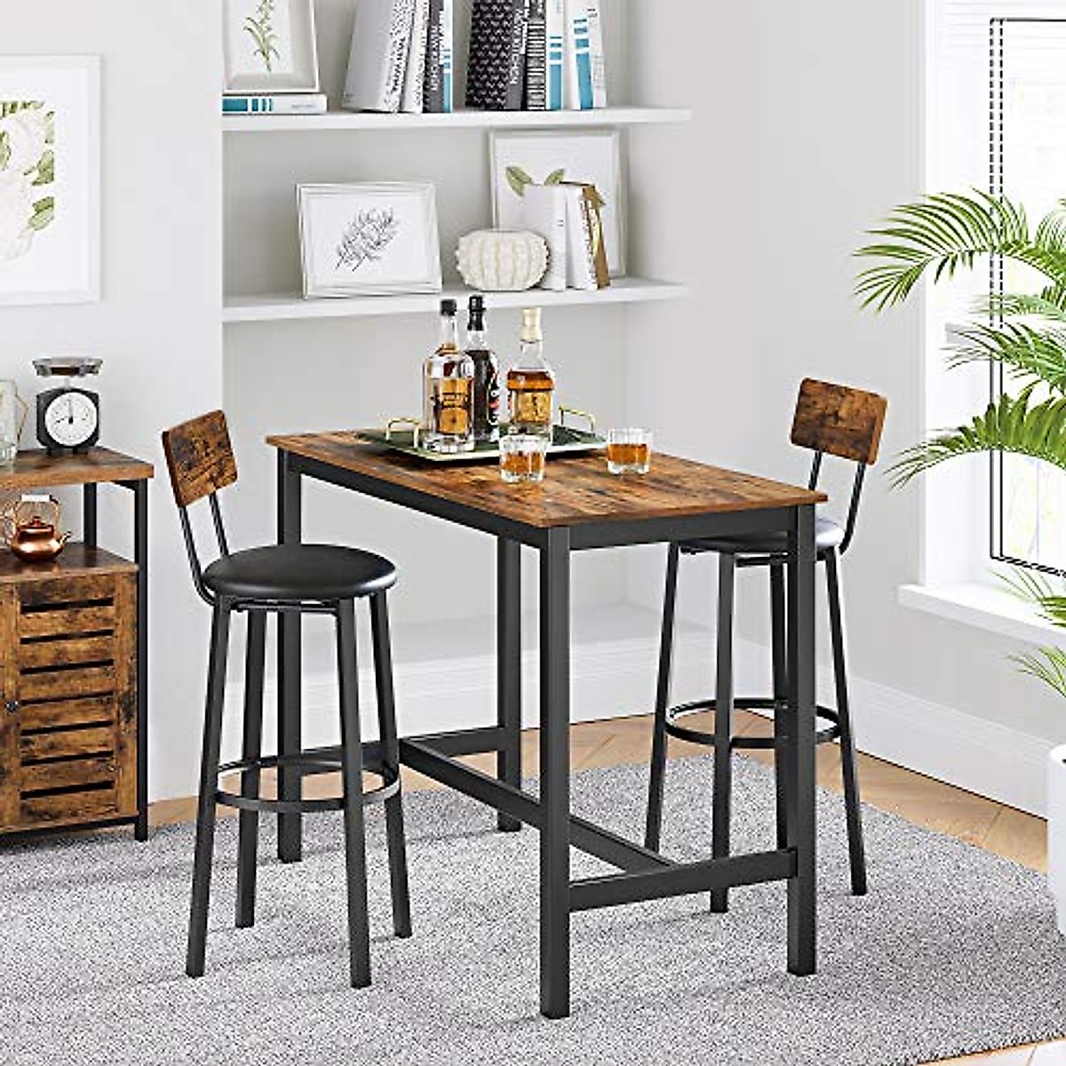 VASAGLE Bar Stools and Bar Table Bundle, Set of 2 PU Upholstered Bar Chairs, Square Tall Dining Table, Industrial, for Dining Room Kitchen Counter Bar, Rustic Brown and Black ULBC069B81 and ULBT25X