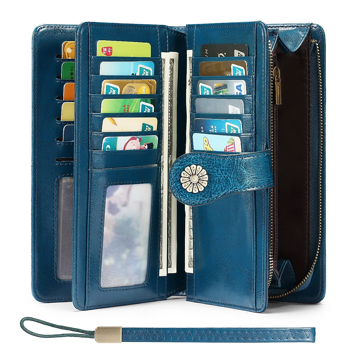 MANBANG Wallets for Women Leather Credit Card Holder with RFID Blocking Large Capacity Wristlet (Blue)