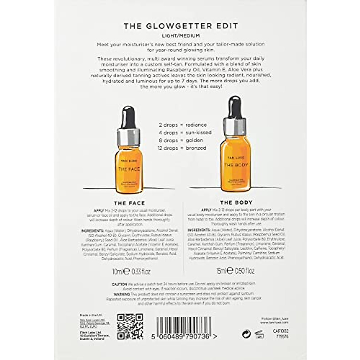 TAN-LUXE Glow Getter Kit - The Face, 10ml, and The Body, 15ml, Illuminating Self-Tan Drops - Medium/Dark - Cruelty Free & Vegan