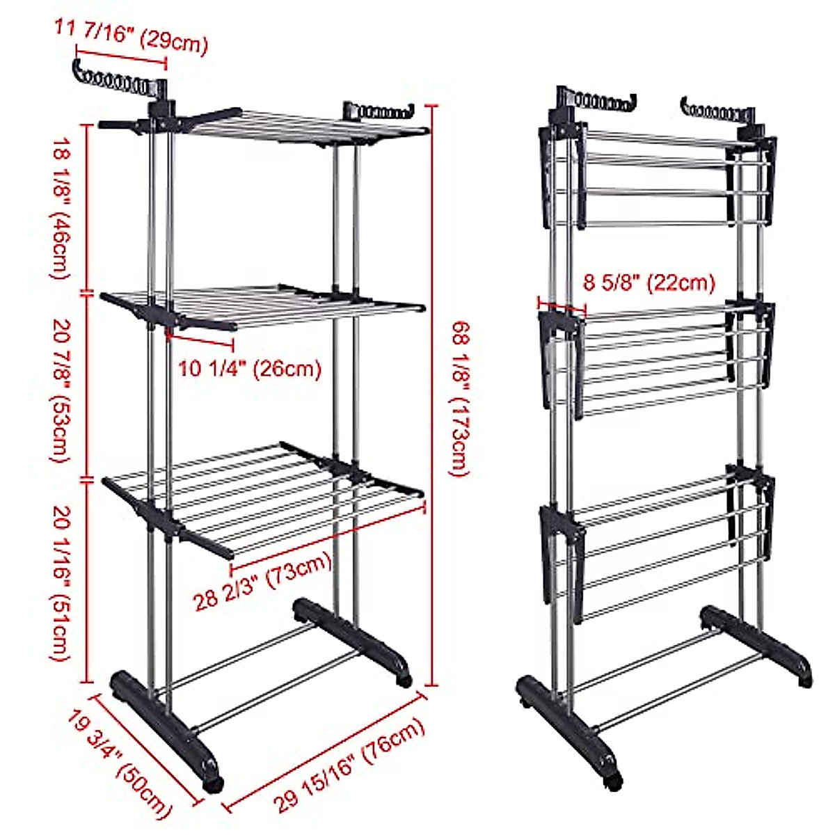 Aquaterior Folding 3 Tier Clothes Drying Rack Rolling Collapsible Garment Laundry Dryer Hanger Stand Rail Indoor Dark Grey