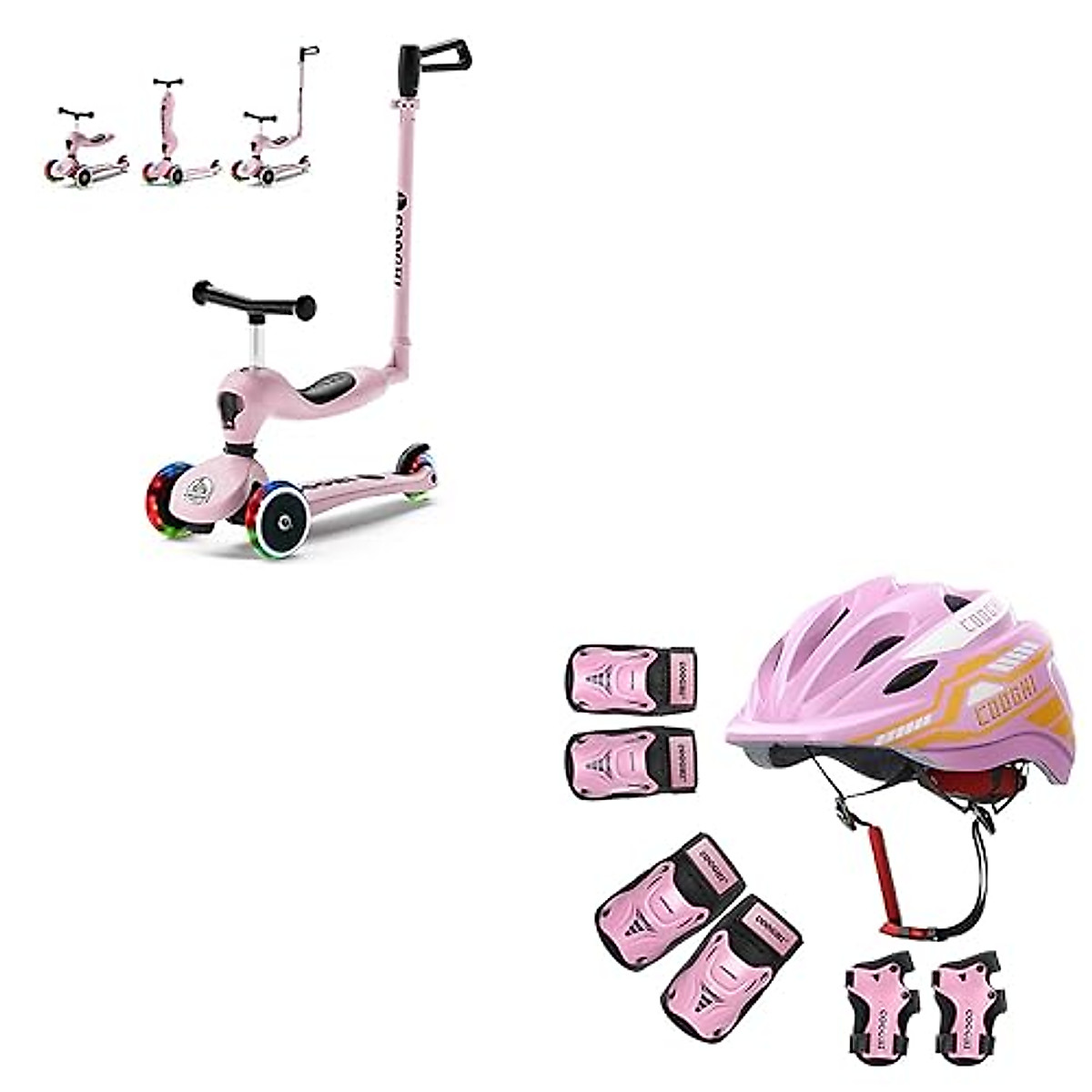 COOGHI Toddler Scooter, 3-in-1 Kids Scooter with Flashing Wheels & Kids Helmet Pads Set for Scooter Skateboarding Skating Biking BMX Skiing