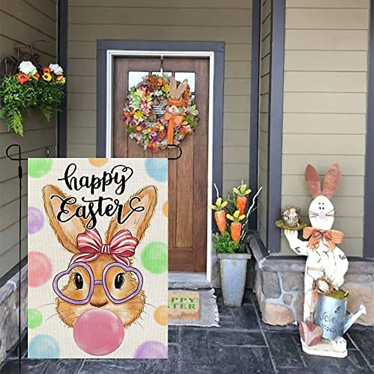 CROWNED BEAUTY Happy Easter Bunny Garden Flag Bubbles 12x18 Inch Double Sided for Outside Burlap Small Yard Holiday Decoration CF703-12