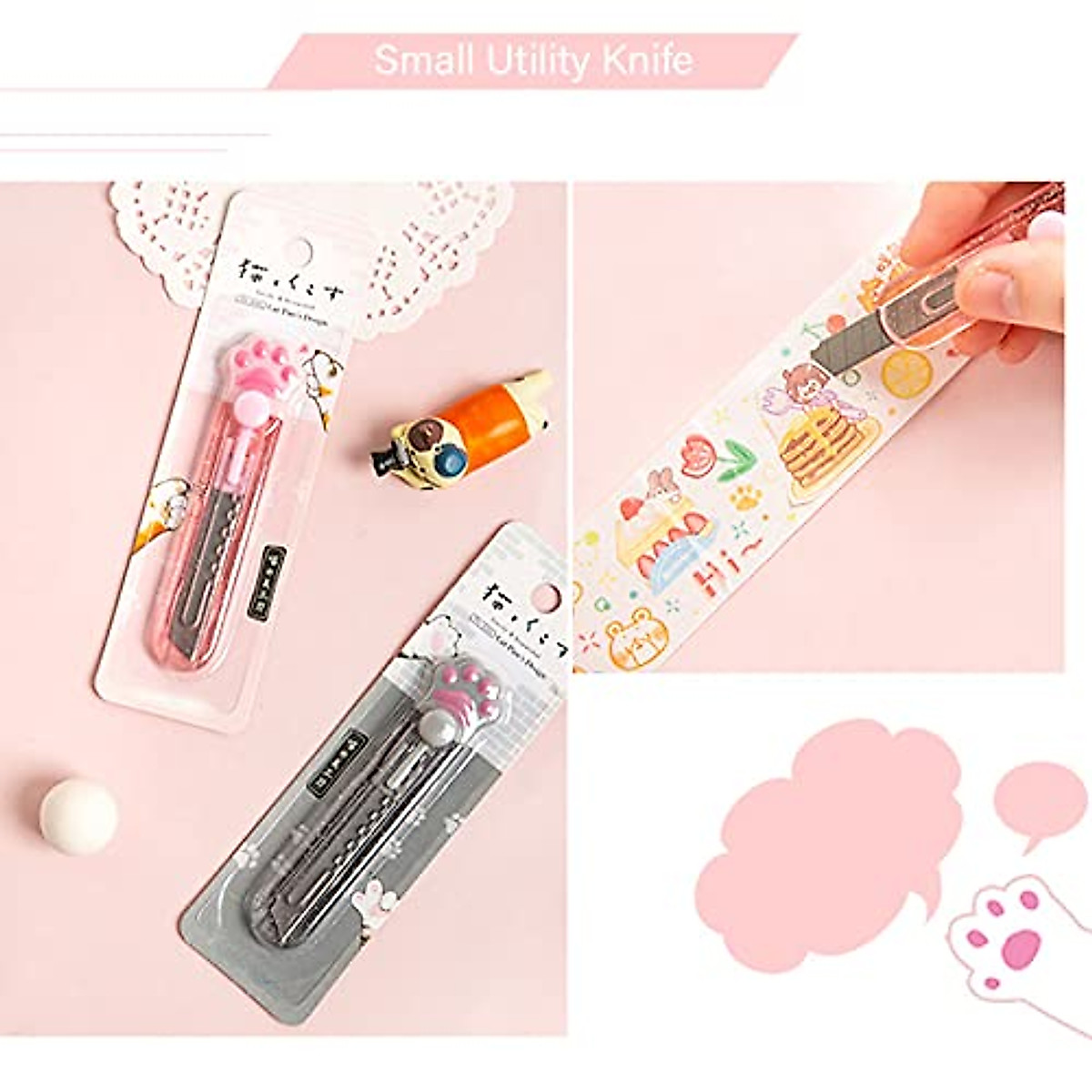 Small Utility Knife，Cute cat Paw Retractable Utility Knife，6 Utility Knifes，Send you 1 Plastic Ruler，9mm Wider Razor Sharp Blade，Perfect for Office and Home Use