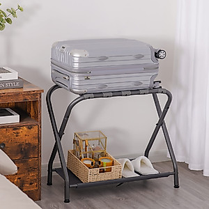 Heybly Luggage Rack,Pack of 2,Steel Folding Suitcase Stand with Storage Shelf for Guest Room Bedroom Hotel,Gray,HLR002G2