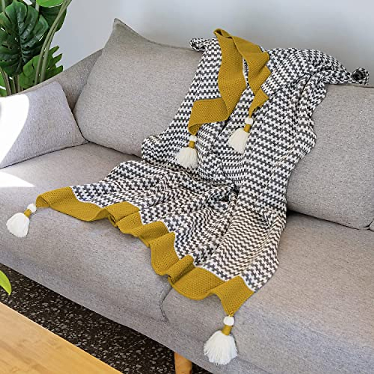Grey Throw Blanket, Modern Striped Throw Blanket with Tassels, Knitted Soft Boho Throw Blanket for Couch Sofa Bed and Living Room- All Seasons (47.5x60 Inch)