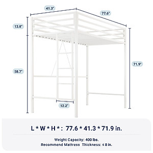 Allewie Metal Loft Bed Twin Size with Full Length Guardrail, Space-Saving Design for Dorm, No Box Spring Needed, Matte White