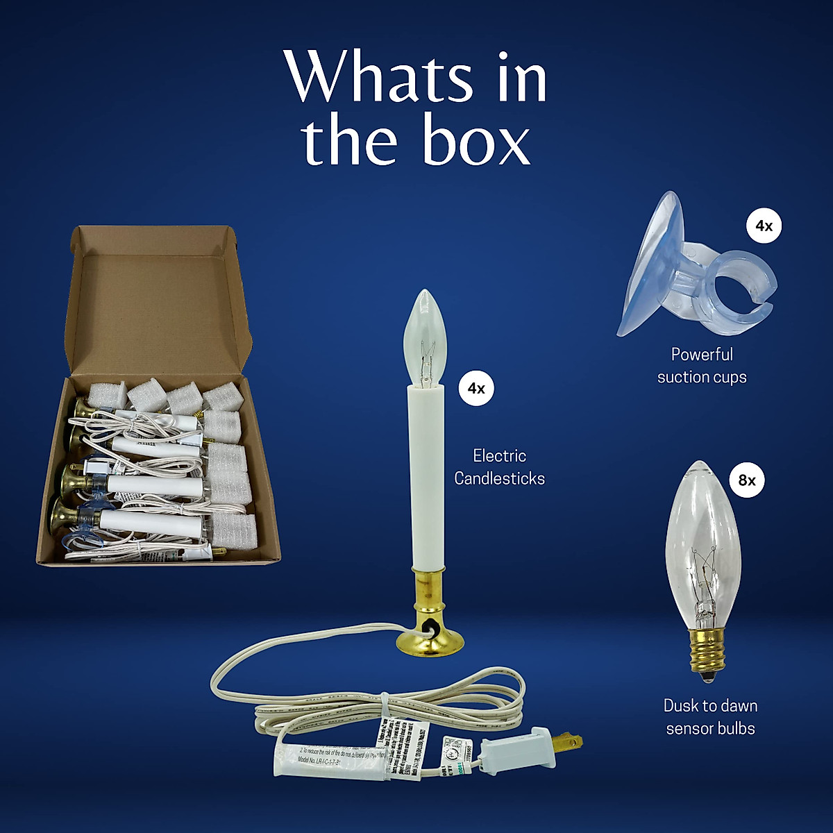 4E's Novelty 4 Pack Dusk to Dawn Electric Candles for Windows with Auto Sensor, and Plug in, Flameless Candles with Suction Cup Holder & Extra Bulb, Christmas Window Candles Bulk