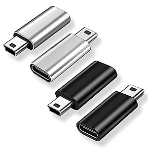 AreMe Mini USB 2.0 to USB C Adapter (4 Pack), USB Type C Female to Mini USB Male Converter Connector for Digital Camera, MP3 Players, Dash Cam, GPS Receiver and More (Black+Silver)