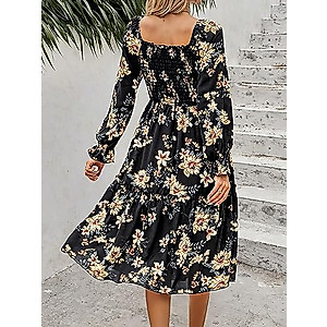 PRETTYGARDEN Women's Long Sleeve Midi Dresses 2023 Square Neck Floral Aline Boho Fall Casual Smocked Dress